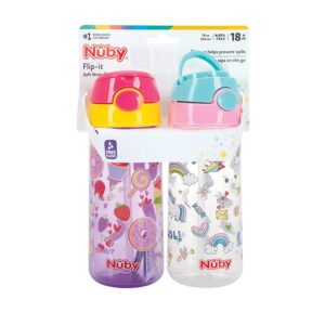 Nuby 2-Pack Kid’s Printed Flip-it Active Water Bottle with Push Button Cap and Soft Straw - 18oz / 540ml, 18+ Months, 2-Pack, Unicorns/Sweet Treats