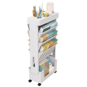 movable classroom deskside bookshelf, compact desk storage organizer with caster wheels, slim storage trolley for books, corner display rack for dorm library, multi-purpose rolling cart, 5-tier