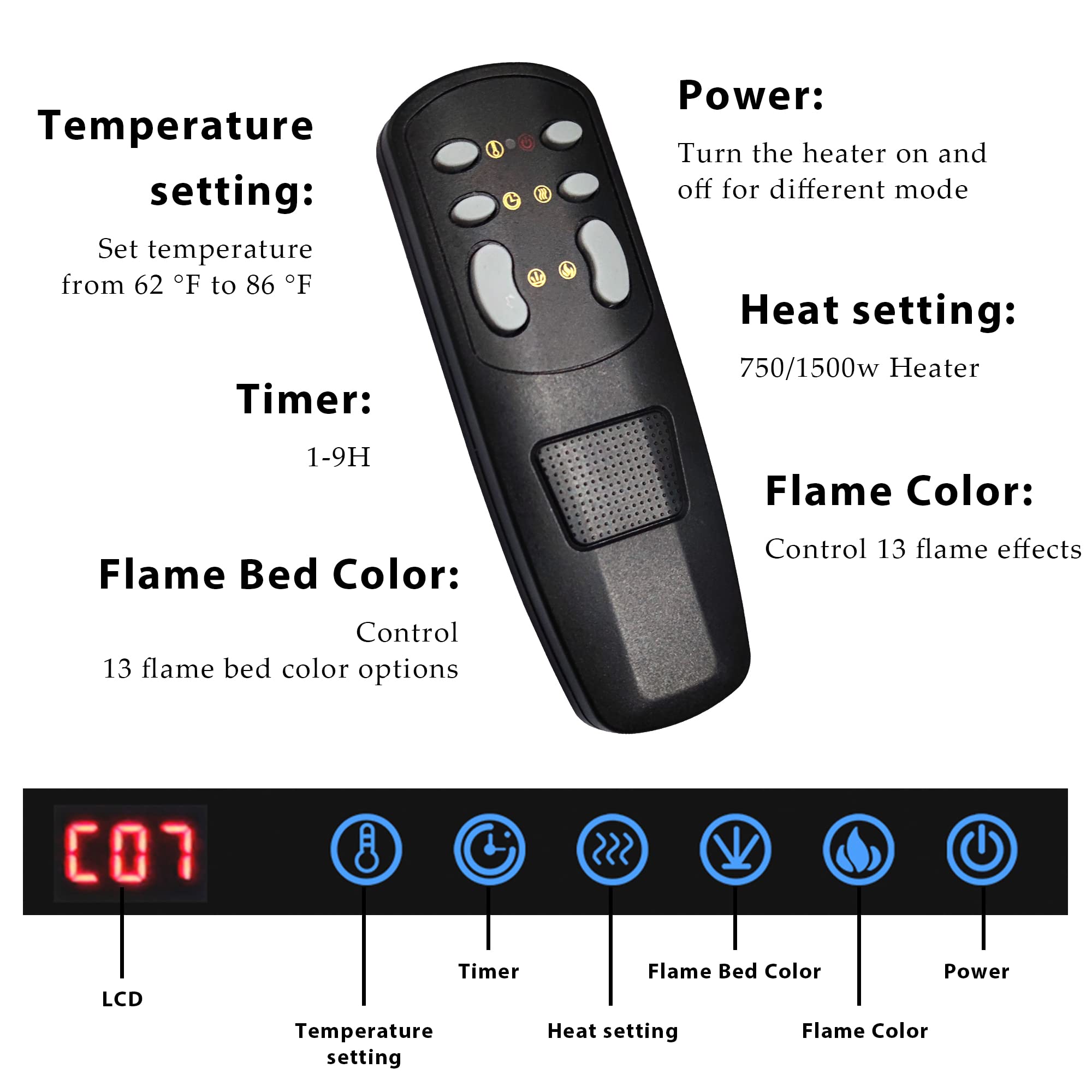 VINEMOUNT 50" Electric Fireplaces Inserts, Recessed & Wall-Mounted Fireplace Heater with Thermostat, Multicolor Flames,Timer, Log & Crystal