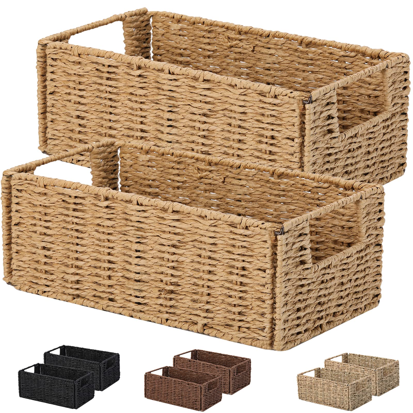 Vagusicc Wicker Storage Basket, Set of 2 Hand-Woven Paper Rope Small Storage Organizer Baskets Bins with Handles, Toilet Paper Baskets Small Wicker Baskets for Organizing Toilet Shelves, Natural