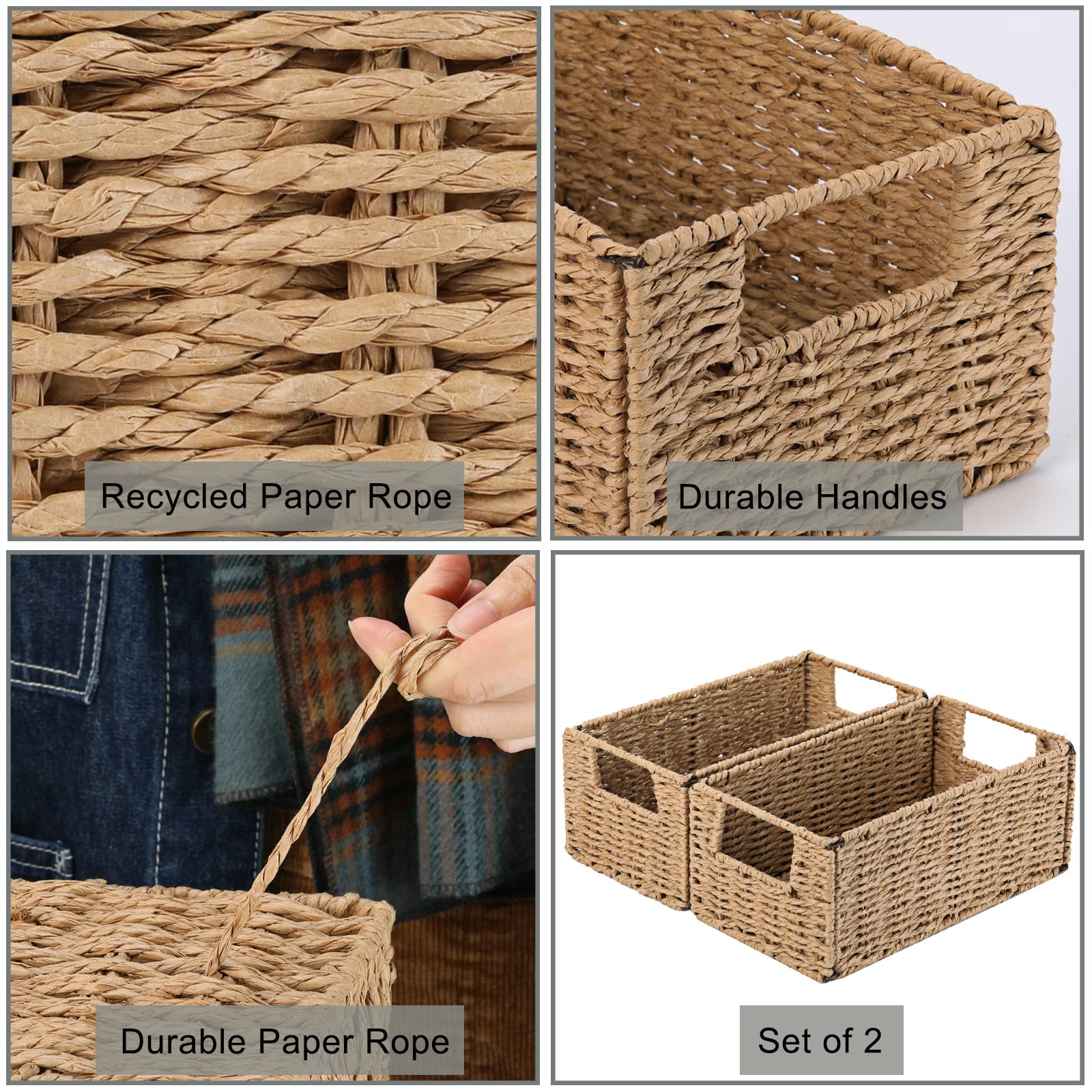 Vagusicc Wicker Storage Basket, Set of 2 Hand-Woven Paper Rope Small Storage Organizer Baskets Bins with Handles, Toilet Paper Baskets Small Wicker Baskets for Organizing Toilet Shelves, Natural