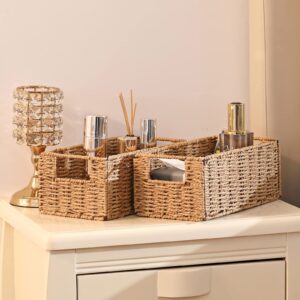 Vagusicc Wicker Storage Basket, Set of 2 Hand-Woven Paper Rope Small Storage Organizer Baskets Bins with Handles, Toilet Paper Baskets Small Wicker Baskets for Organizing Toilet Shelves, Natural