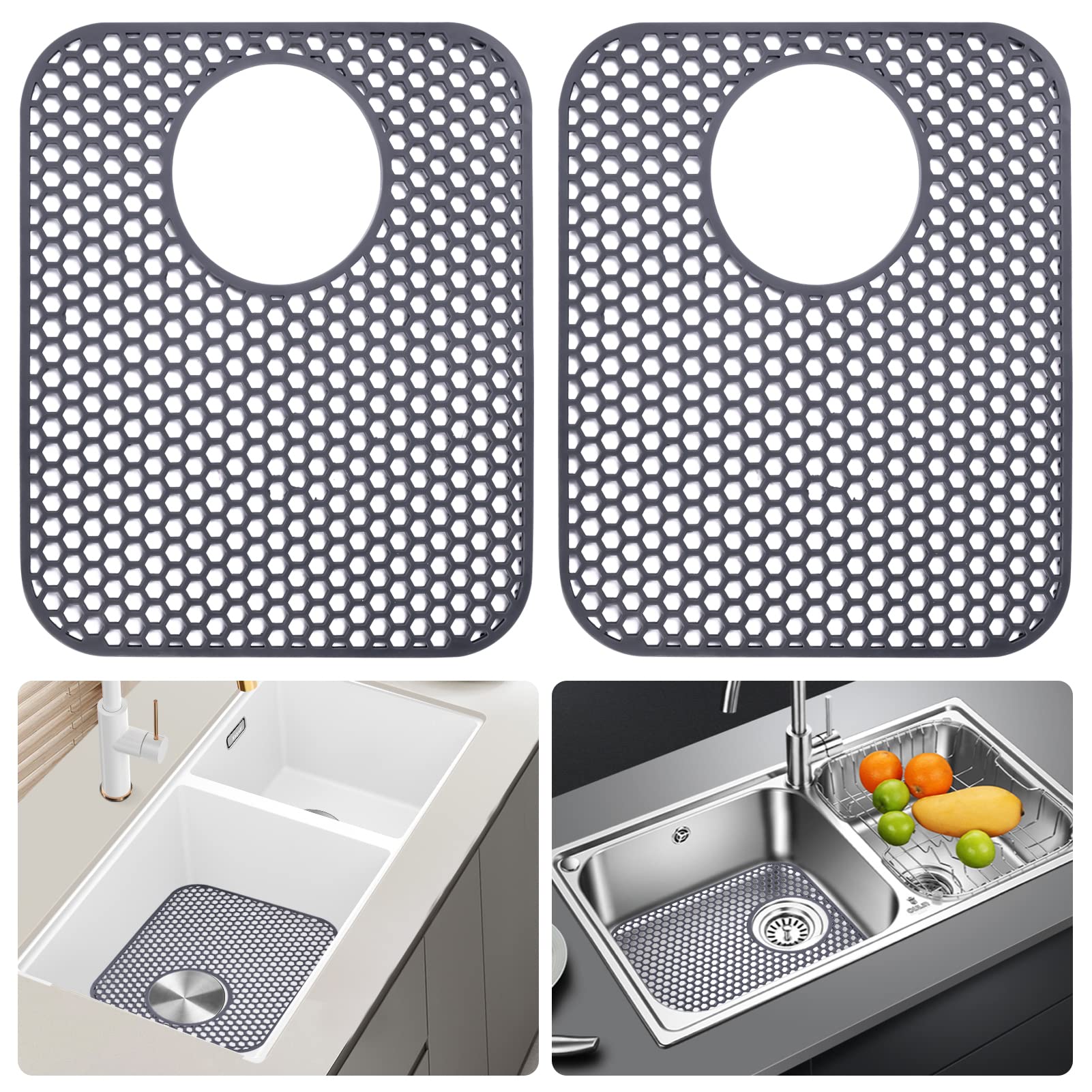 LONGFITE Sink Protector Mats 2 Pcs Silicone Kitchen Sink Mat Draining Heat Proof Mat with Rear Center Drain (Rear Drain)