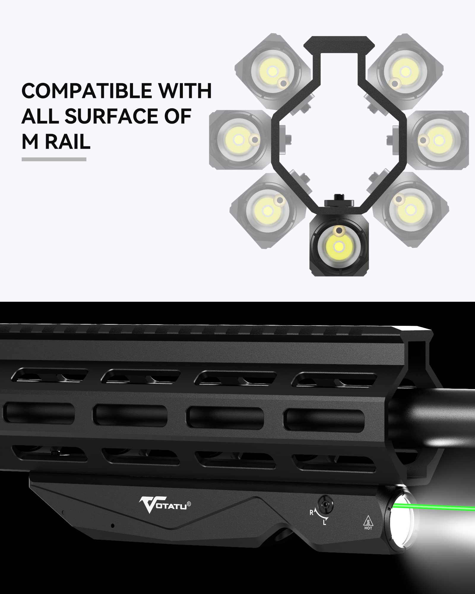 Votatu M9L-G 1600 Lumens Light Laser Combo Compatible with M-Lok Rail Surface, Tactical Flashlight and Green Laser Sight for Rifle, Strobe Function, Magnetic Rechargeable