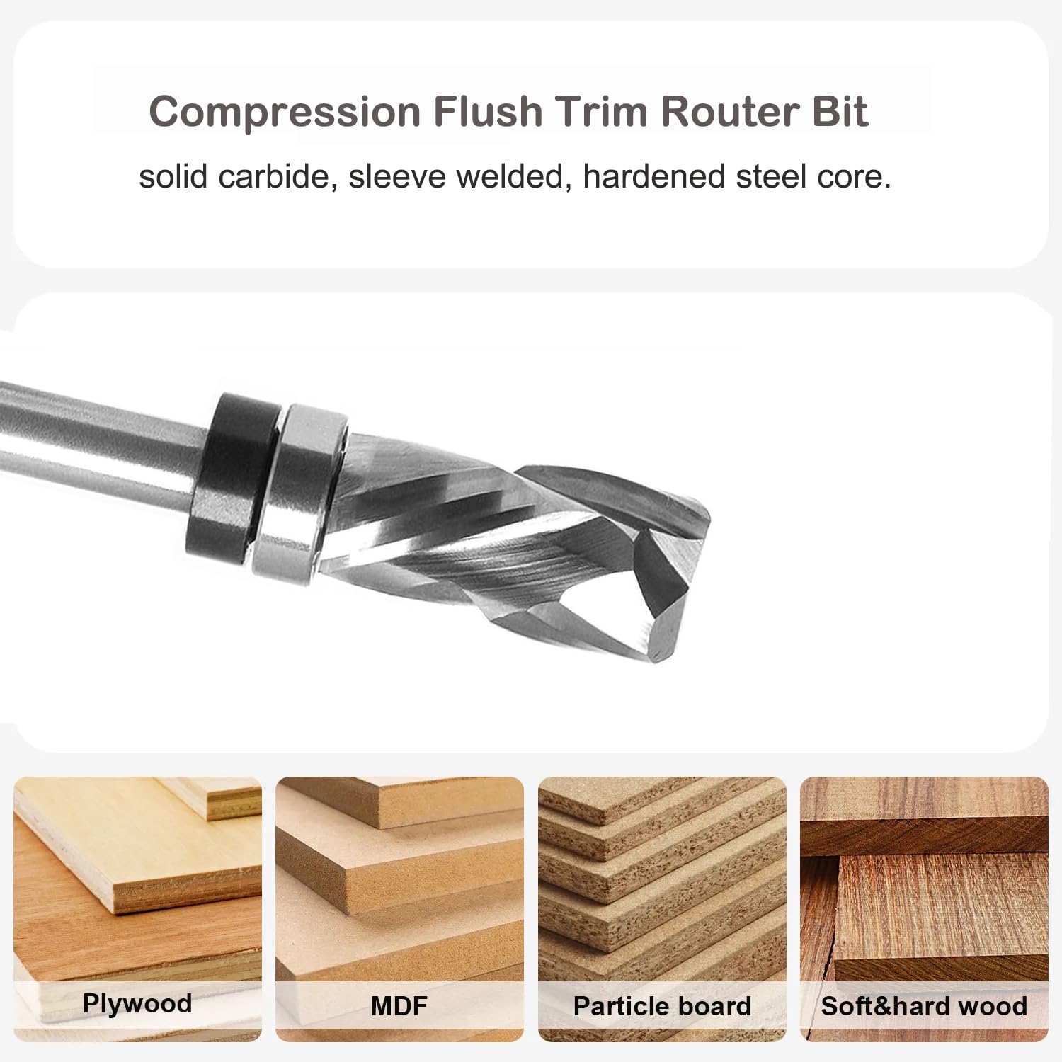 Spiral Flush Trim Router Bit 1/4 Shank by PROMSA, Ultra-Performance Compression Top Bearing Router Bit, Solid Carbide Trim Router Bits, Flush Cut Router Bit for Wood Trimming, Up-Down Cut