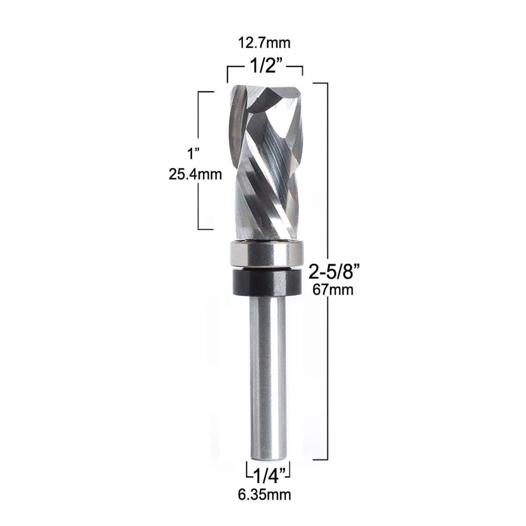 Spiral Flush Trim Router Bit 1/4 Shank by PROMSA, Ultra-Performance Compression Top Bearing Router Bit, Solid Carbide Trim Router Bits, Flush Cut Router Bit for Wood Trimming, Up-Down Cut