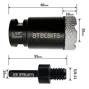 BTBLBITS Dry Diamond Core Drill Bit 1-3/8 Inch (35mm) Tile Diamond Hole Saw for Angle Grinder Porcelain Ceramic Marble Brick Granite Vacuum Brazed with 5/8-11 Thread Plus 3/8 Inch Hex Shank Adapter