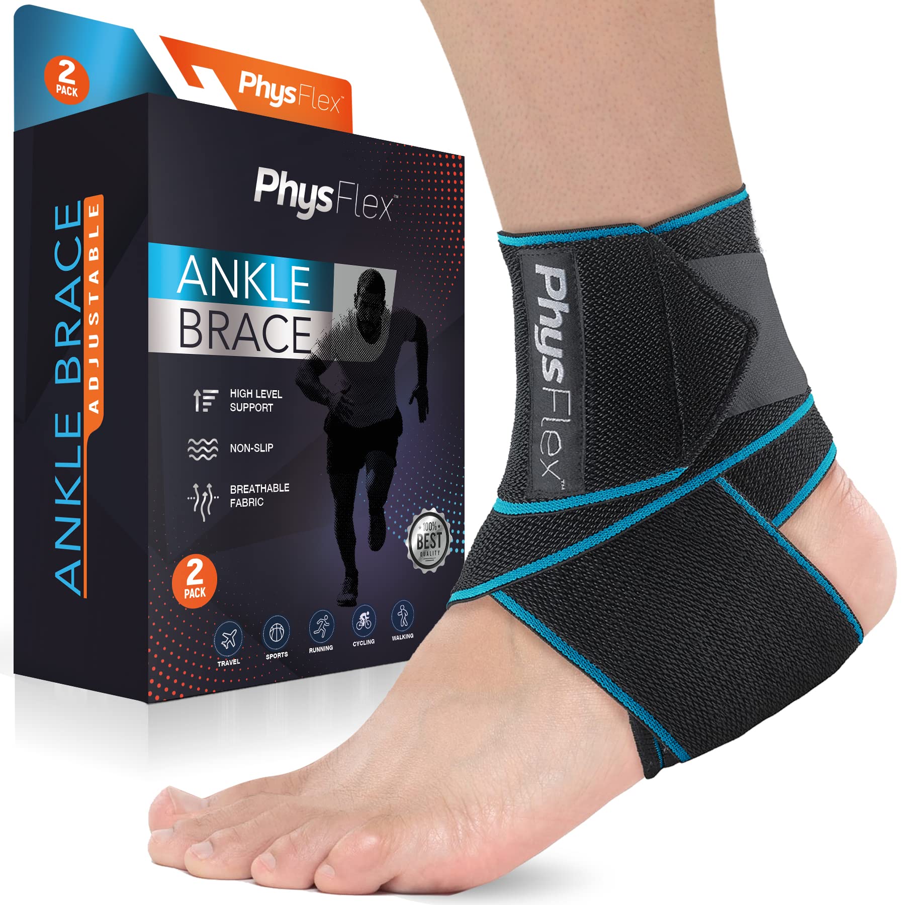 PhysFlex Ankle Brace - Compression Sleeve with Adjustable Strap & Comfy Ankle Support Perfect for Sprained Ankle, Achilles Tendon, Plantar Fasciitis & Sports - Ideal for Men & Women (2, Blue)