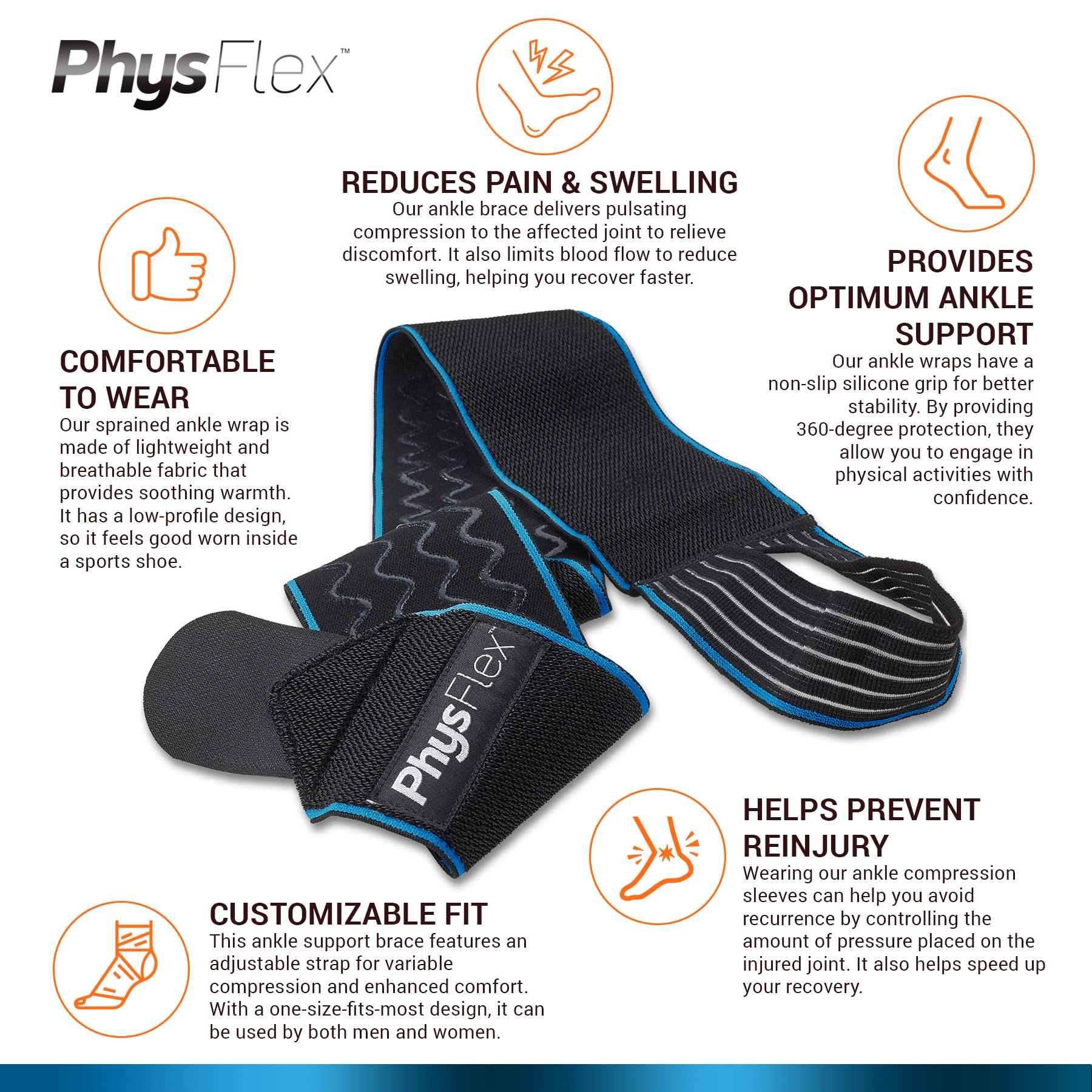 PhysFlex Ankle Brace - Compression Sleeve with Adjustable Strap & Comfy Ankle Support Perfect for Sprained Ankle, Achilles Tendon, Plantar Fasciitis & Sports - Ideal for Men & Women (2, Blue)