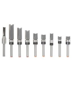 pattern flush trim router bits set 1/4'' shank, 9pcs carbide tipped template top bearing flush cut router bit, straight flush trim bit, wood milling cutter for trimming