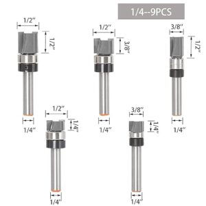 Pattern Flush Trim Router Bits Set 1/4'' Shank, 9PCS Carbide Tipped Template Top Bearing Flush Cut Router Bit, Straight Flush Trim Bit, Wood Milling Cutter for Trimming