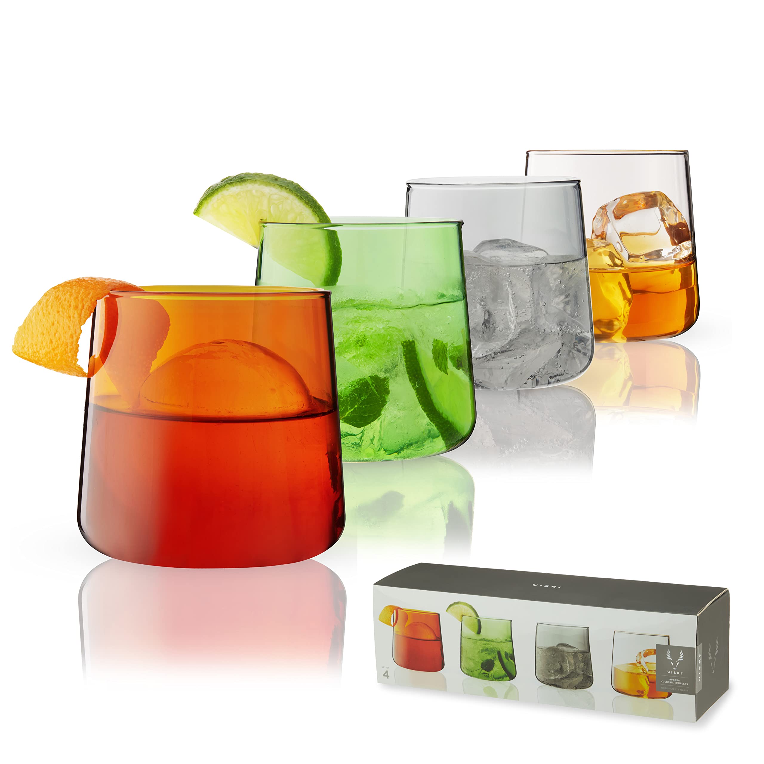 Viski Aurora Tumblers Colored Wine Glasses - Tinted Fun Cocktail Glasses in Clear, Grey, Green, and Amber - Dishwasher Safe 10.5 Oz Set of 4