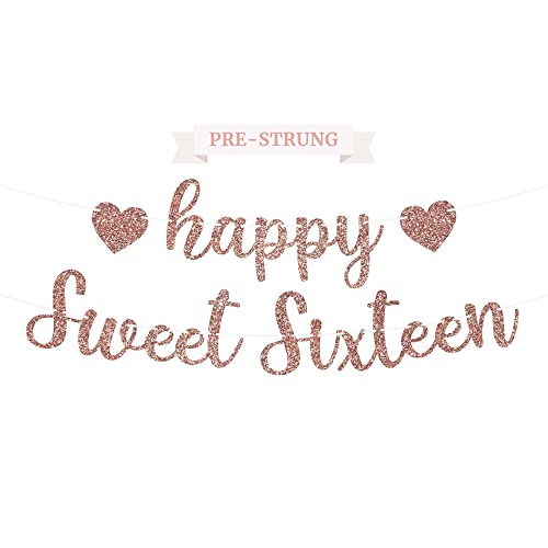 Pre-Strung Happy Sweet Sixteen Birthday Banner - NO DIY - Rose Gold Glitter Sweet 16 Party Banner - Pre-Strung Garland on 8 ft Strands - Rose Gold Birthday Party Decoration. Did we mention no DIY?