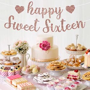 Pre-Strung Happy Sweet Sixteen Birthday Banner - NO DIY - Rose Gold Glitter Sweet 16 Party Banner - Pre-Strung Garland on 8 ft Strands - Rose Gold Birthday Party Decoration. Did we mention no DIY?