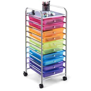 costway 10-drawer rolling storage cart, utility mobile trolley with removable drawers & universal casters & 2 brakes, versatile flexible drawer organizer cart for home, office (rainbow)