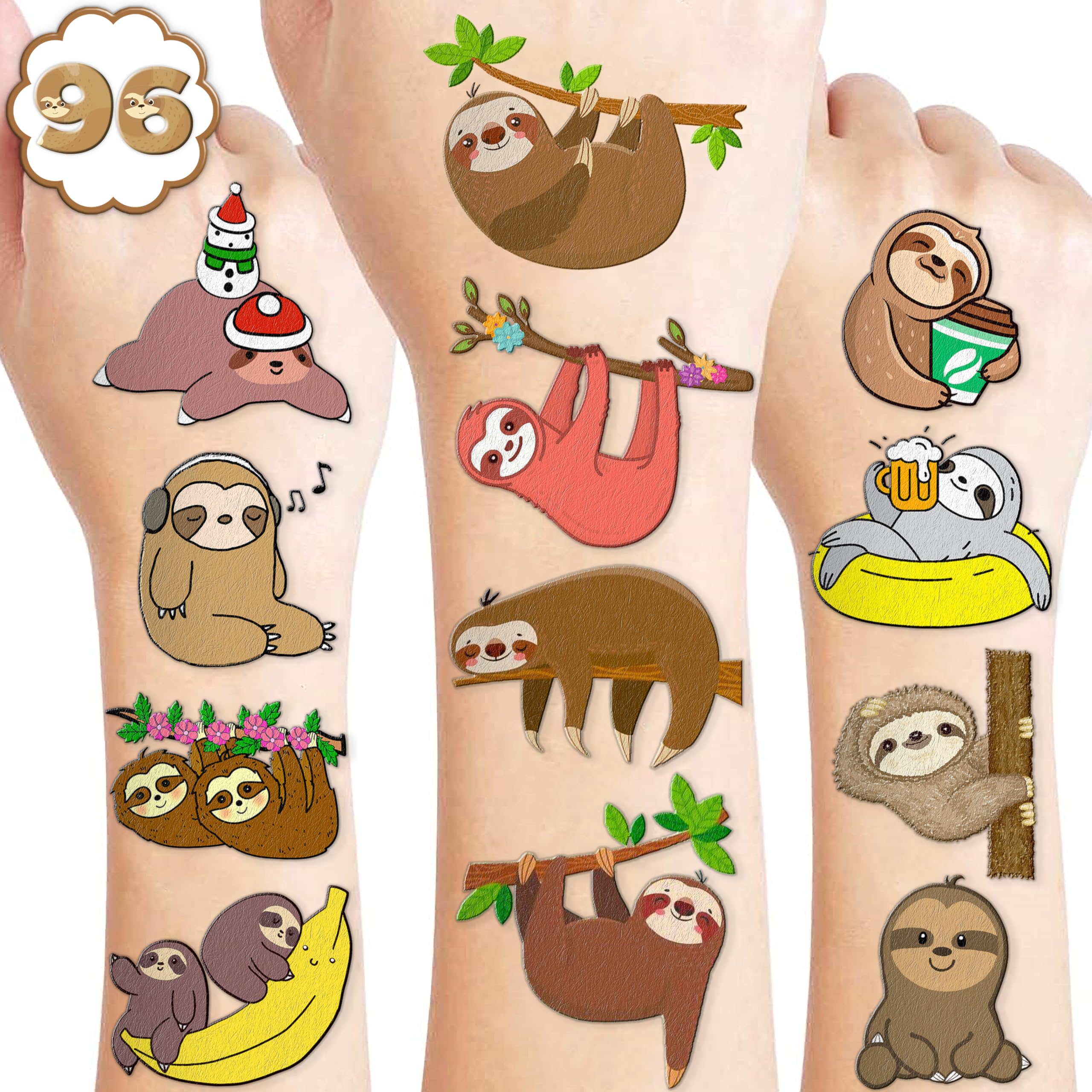 Sloth Temporary Tattoos Birthday Themed Party Supplies Favors Decorations Cute Stickers Tattoo 8 Sheets 96 PCS Gifts for Girl Kids Boys Decor Class School Reward Carnival Christmas