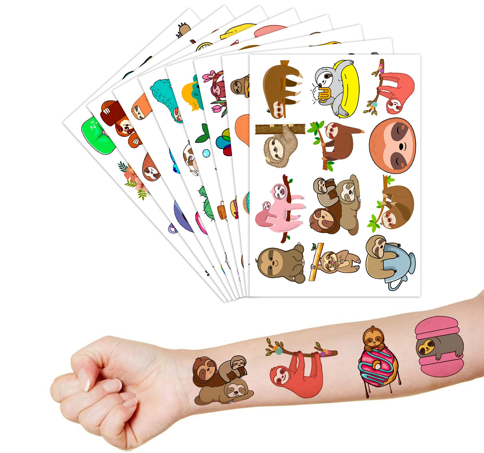 Sloth Temporary Tattoos Birthday Themed Party Supplies Favors Decorations Cute Stickers Tattoo 8 Sheets 96 PCS Gifts for Girl Kids Boys Decor Class School Reward Carnival Christmas