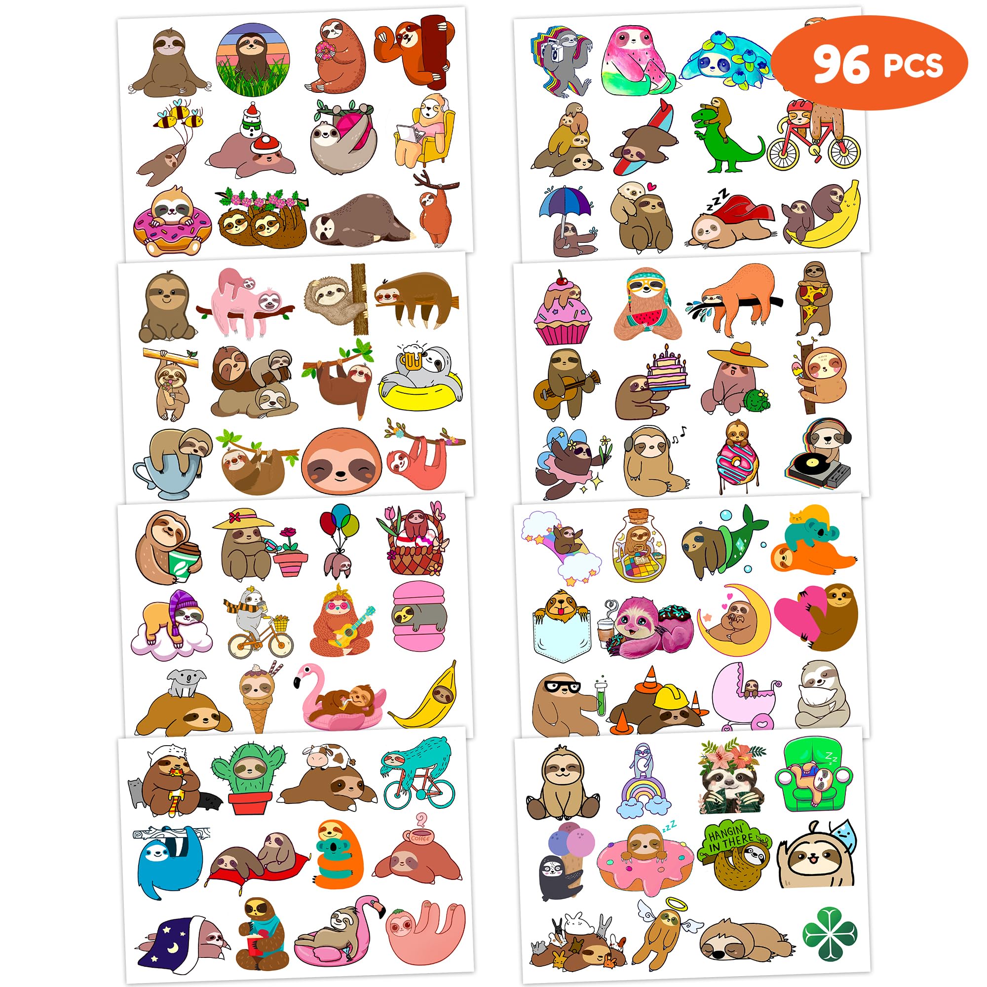 Sloth Temporary Tattoos Birthday Themed Party Supplies Favors Decorations Cute Stickers Tattoo 8 Sheets 96 PCS Gifts for Girl Kids Boys Decor Class School Reward Carnival Christmas