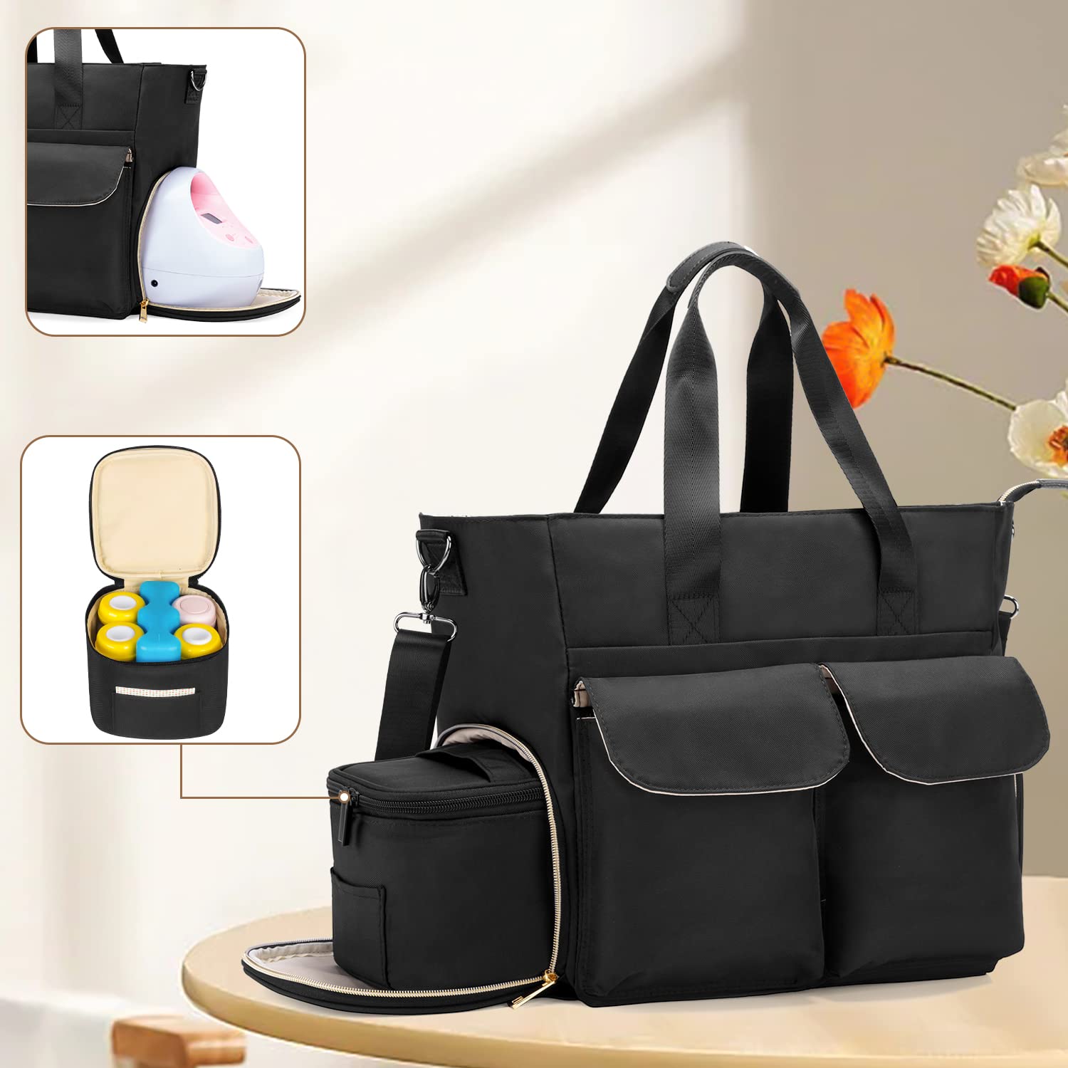 Teamoy Breast Pump Bag with Cooler Bag, Breast Pump Storage Tote with Laptop Sleeve (Up to 14") for Working Moms, Compatible with Spectra S1,S2, Medela, Black(Bag ONLY)