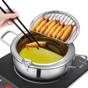 lepo deep fryer pot, 3.4l japanese tempura deep fryer pot, 304 stainless steel frying pot with thermometer,lid and oil drip drainer rack for french fries,chicken,fish and shrimp