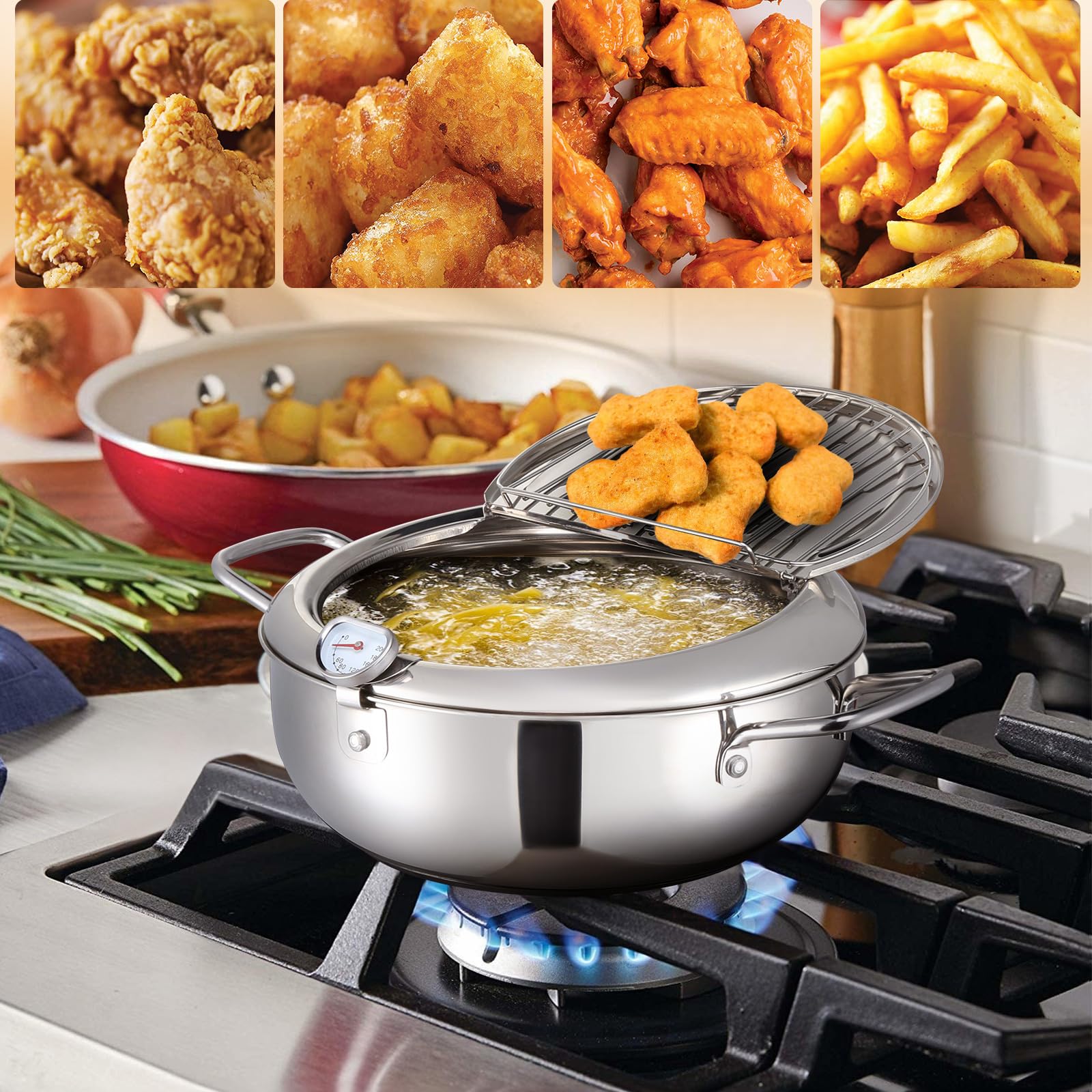 LEPO Deep Fryer Pot, 3.4L Japanese Tempura Deep Fryer Pot, 304 Stainless Steel Frying Pot With Thermometer,Lid And Oil Drip Drainer Rack for French Fries,Chicken,Fish and Shrimp