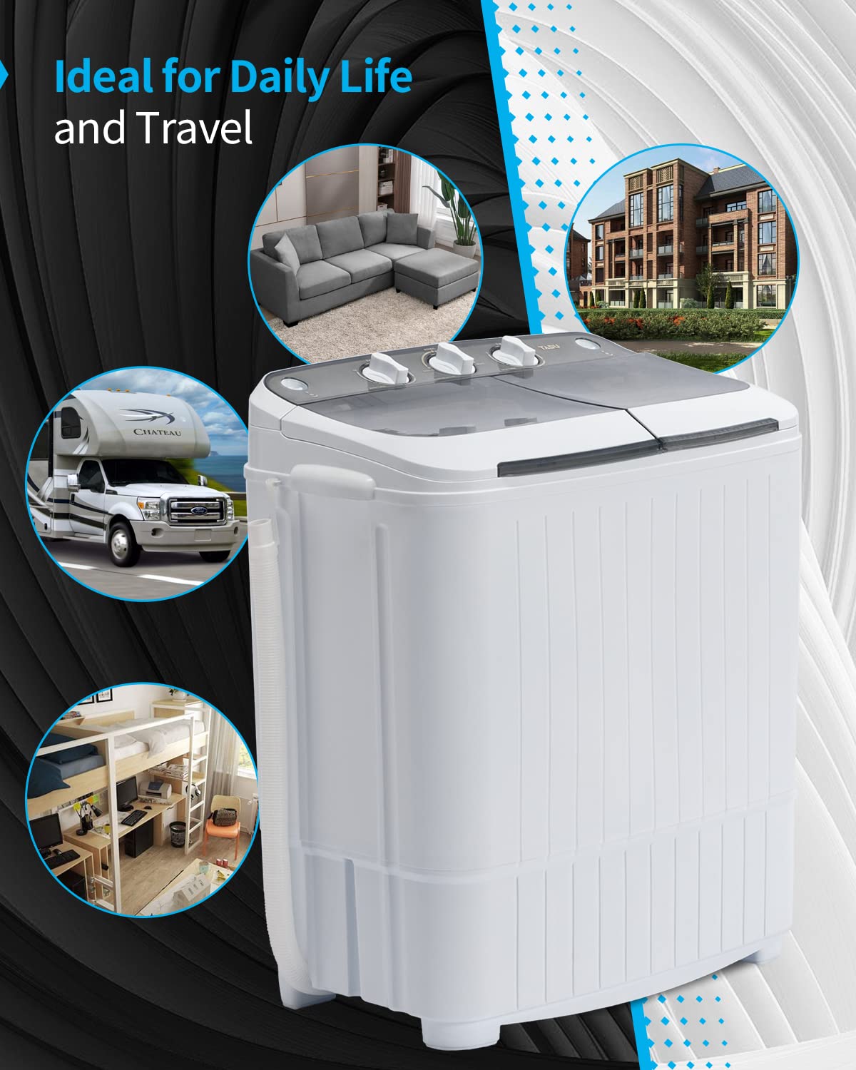 TABU 17.6Ibs Portable Washing Machine, Compact Washer Machine, Mini Washing Machine, Twin Tub Washer and Spiner, Ideal for Dorms, Apartments, RVs, Camping etc (White & Grey)