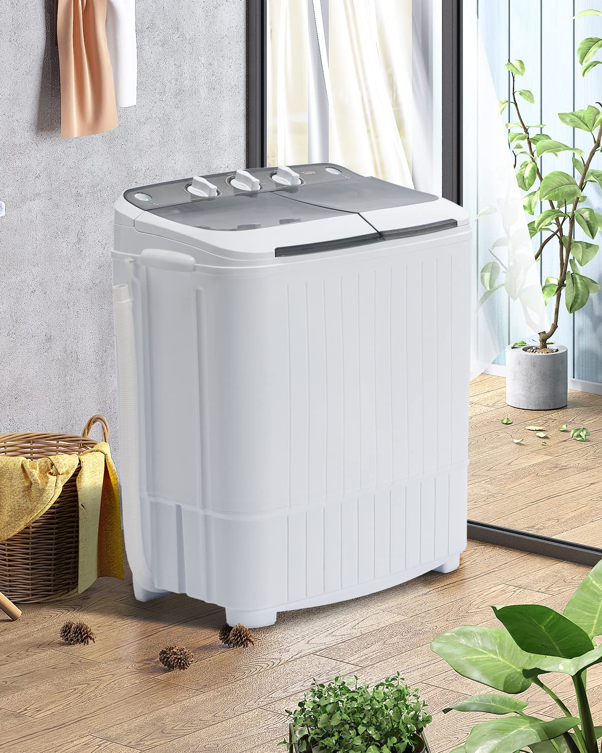 TABU 17.6Ibs Portable Washing Machine, Compact Washer Machine, Mini Washing Machine, Twin Tub Washer and Spiner, Ideal for Dorms, Apartments, RVs, Camping etc (White & Grey)