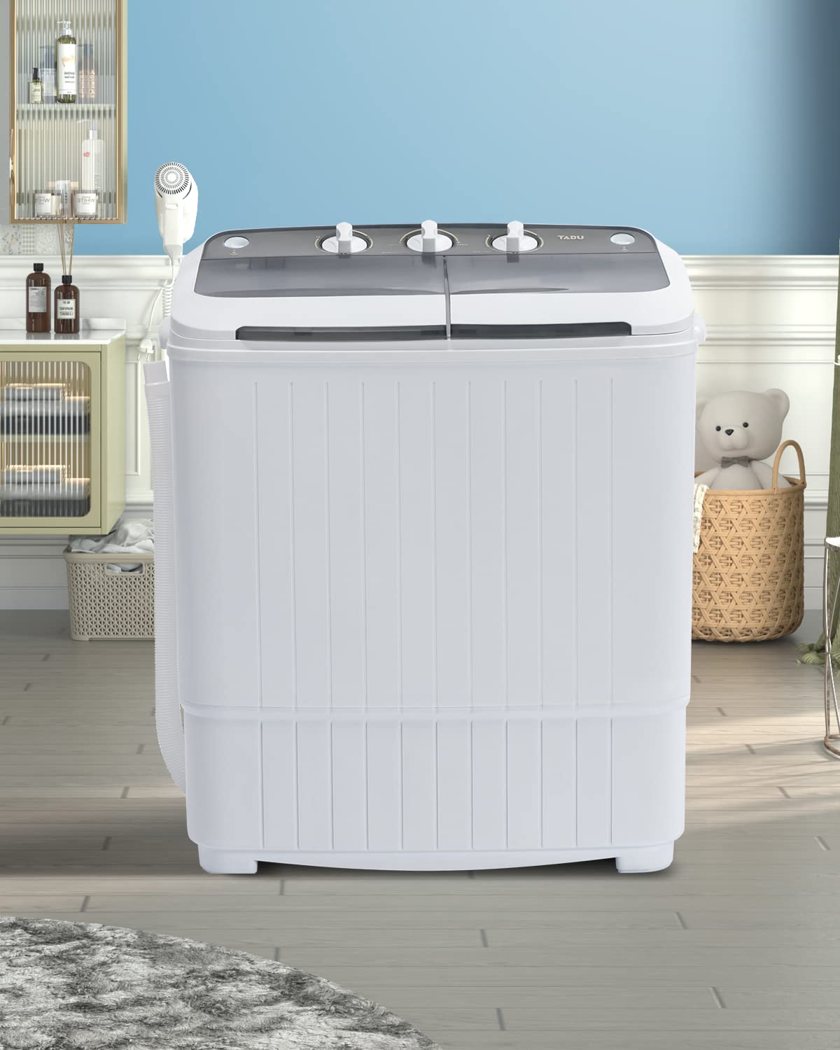 TABU 17.6Ibs Portable Washing Machine, Compact Washer Machine, Mini Washing Machine, Twin Tub Washer and Spiner, Ideal for Dorms, Apartments, RVs, Camping etc (White & Grey)