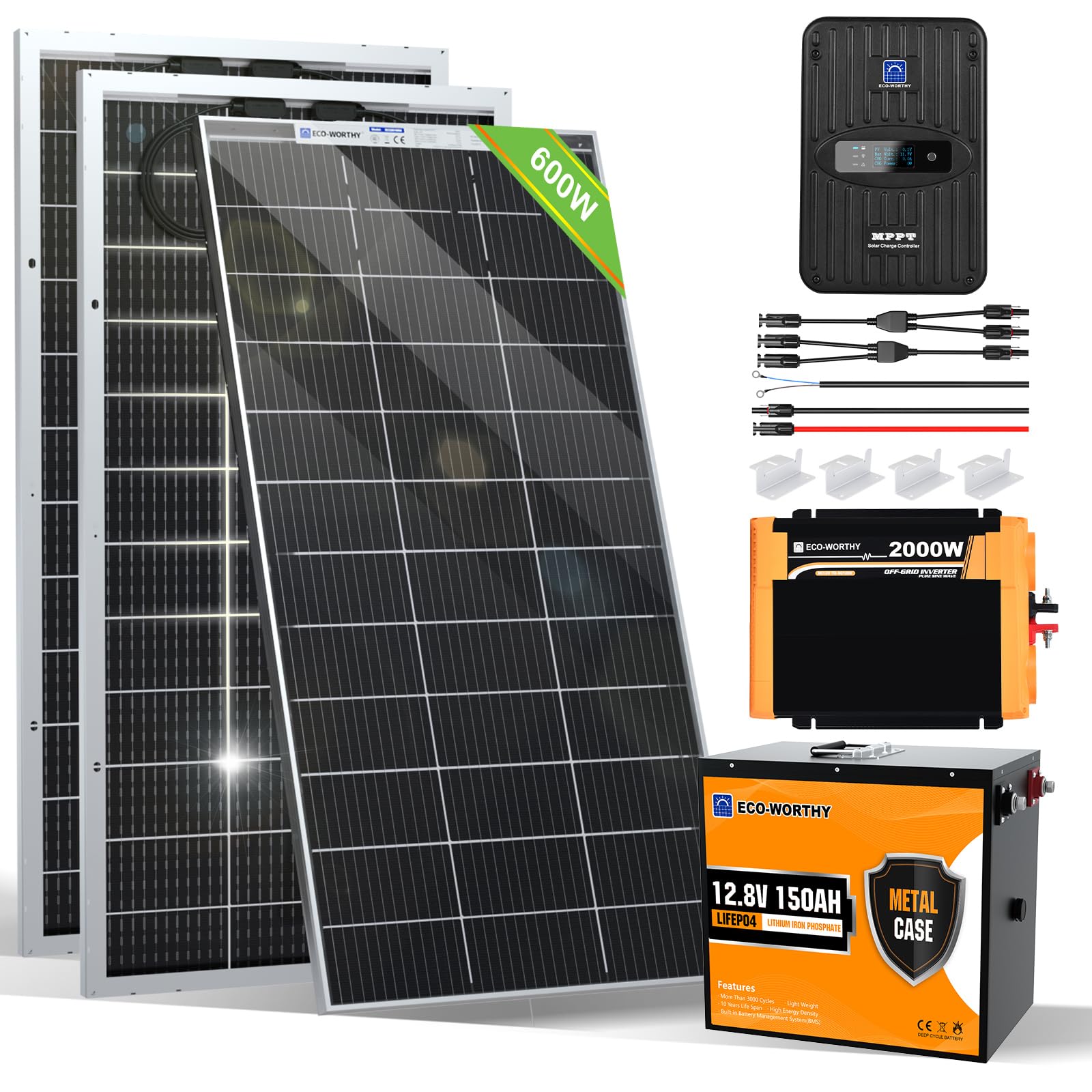 ECO-WORTHY 2.4KWH Solar Panel Kit 600W 12Volt System for RV Off Grid with Battery and Inverter: 600W Solar Panels + 40A MPPT Charge Controller + 12V 150Ah Lithium Battery + 12V 2000W Solar Inverter