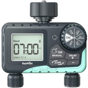 rainpoint water timer for garden hose - 2 zone sprinkler timer with rain delay/manual watering/automatic irrigation controller system - water hose timer programmable faucet timer for yard lawn