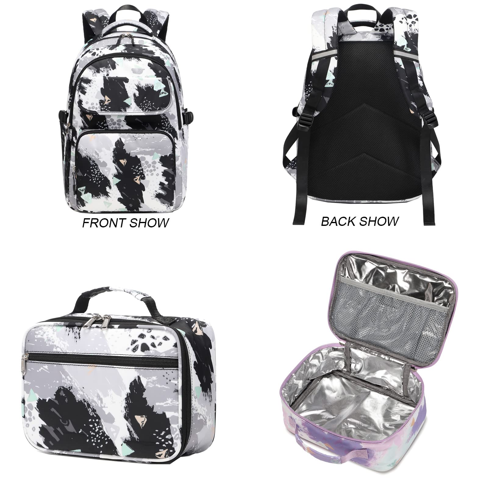 Rexmore Kids Backpack for Girls,3 Pcs Set Elementary Bookbag Waterproof Cute School Bag with Multi Pockets and Compartment,Black