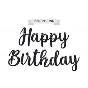 pre-strung happy birthday banner - no diy - black happy birthday banner for men & women - pre-strung script garland on 6 ft strands - glitter birthday party decorations & decor. did we mention no diy?