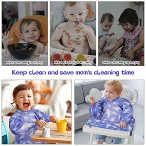 Vicloon Coverall Baby Feeding Bib, Weaning Bib Attaches to Highchair and Table, Long Sleeves Bib with Waterproof, Comfortable,Machine Washable, Baby Bib For 6 Month to 3 Years Old (Shark)