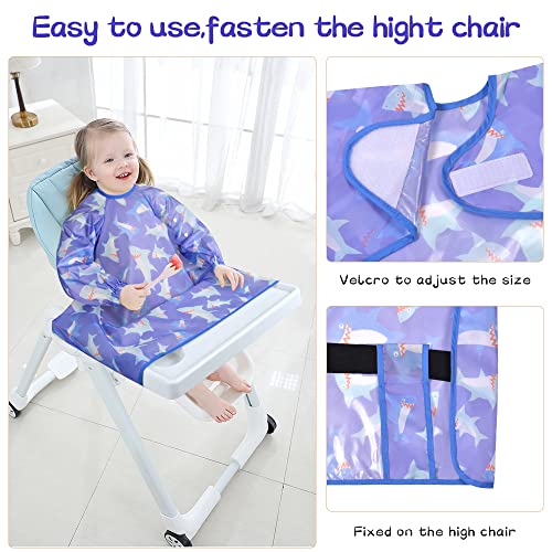 Vicloon Coverall Baby Feeding Bib, Weaning Bib Attaches to Highchair and Table, Long Sleeves Bib with Waterproof, Comfortable,Machine Washable, Baby Bib For 6 Month to 3 Years Old (Shark)