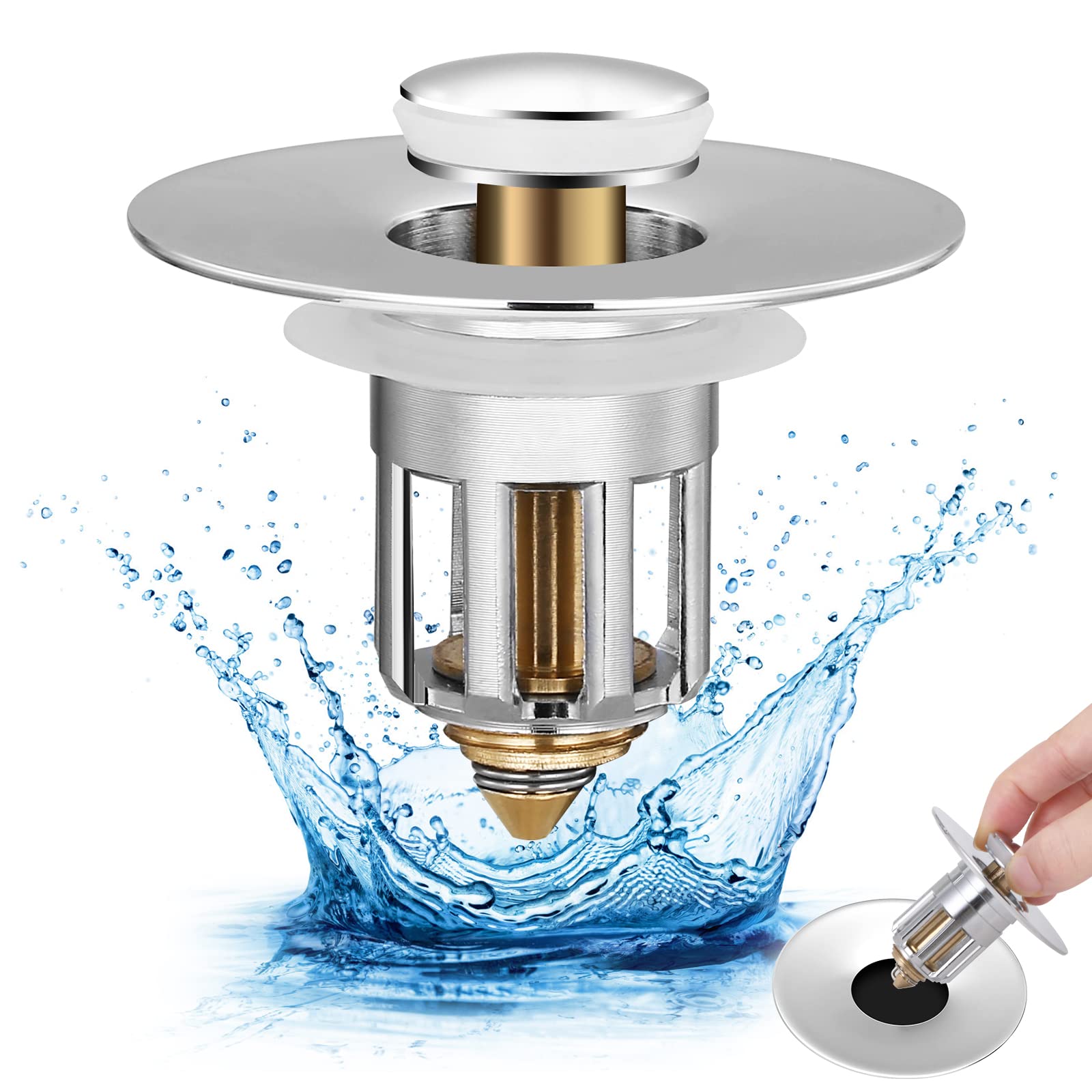 Bathroom Sink Drain Stopper, Pop Up Drain Stopper for Bathroom Sink with Anti-Clogging Filter Basket, 2 in 1 Brass Sink Drain Plug Strainer Universal for 1.02-1.96 in Basin Drain Holes