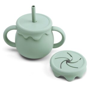 ginbear 2-in-1 silicone baby cups with straw & snack cup lid, 8.5 oz spill proof sippy cups, toddler training cup for ages 12 m+ (hazy green)