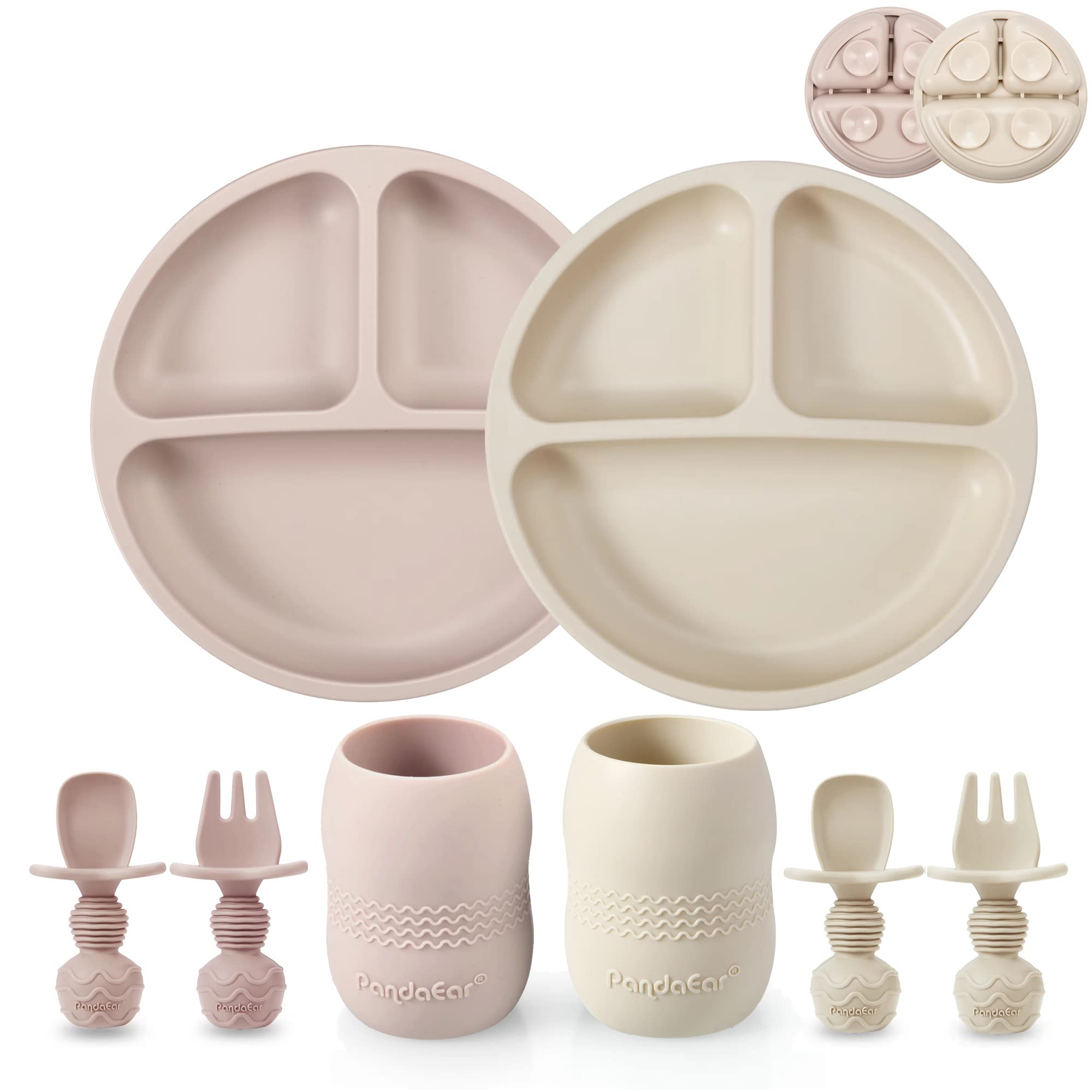 PandaEar Silicone Baby Feeding Set, 2 Pack - Divided Suction Plate, 2 Tiny Cup with Spoons, BPA Free, Light Tan/Pink