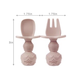 PandaEar Silicone Baby Feeding Set, 2 Pack - Divided Suction Plate, 2 Tiny Cup with Spoons, BPA Free, Light Tan/Pink