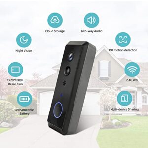 ZZC Video Wireless Doorbell, Camera with 2 Way Audio,1080P FHD, Night Vision, PIR Motion Detection, Real-time Notifications, Cloud Storage with Wide Angle - Black