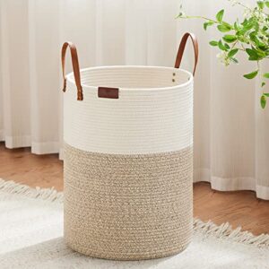 viposco tall laundry basket, large dirty clothes hamper with leather handle, woven rope storage basket for blanket, toy in living room, bathroom, bedroom - 58l white & brown