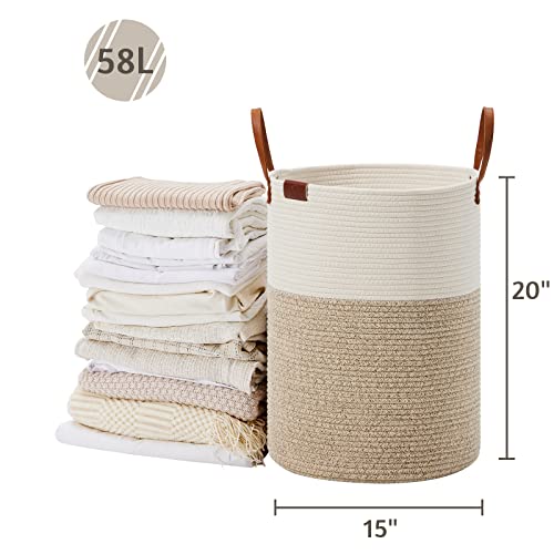 VIPOSCO Tall Laundry Basket, Large Dirty Clothes Hamper with Leather Handle, Woven Rope Storage Basket for Blanket, Toy In Living Room, Bathroom, Bedroom - 58L White & Brown