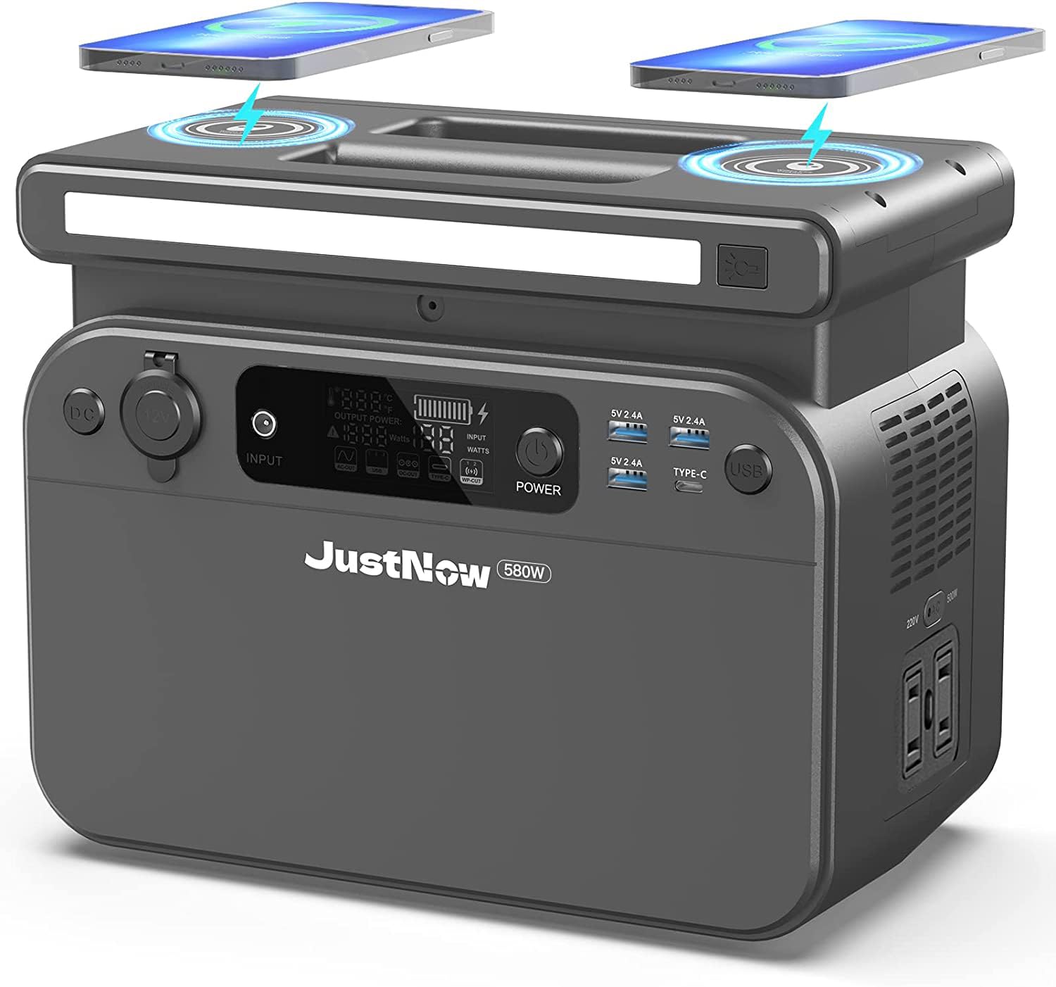 JustNow Portable Power Station 345.6Wh Dual Wireless Charging Port LiFePO4 Battery With 580W(Surge 1000W) 110V AC Outlet Backup Battery Generator for Home Outdoor Camping Emergency, (JNG500-FS01)