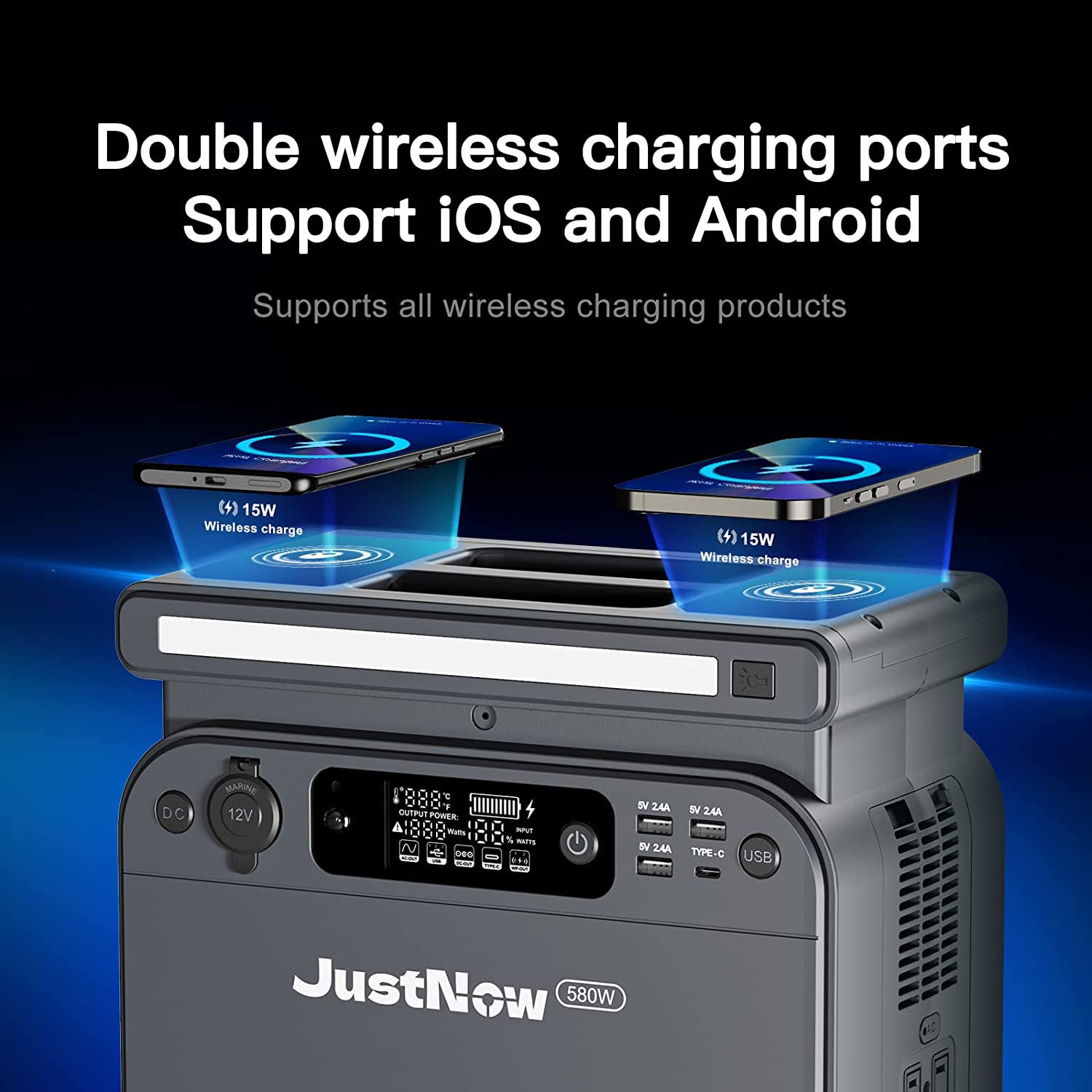 JustNow Portable Power Station 345.6Wh Dual Wireless Charging Port LiFePO4 Battery With 580W(Surge 1000W) 110V AC Outlet Backup Battery Generator for Home Outdoor Camping Emergency, (JNG500-FS01)