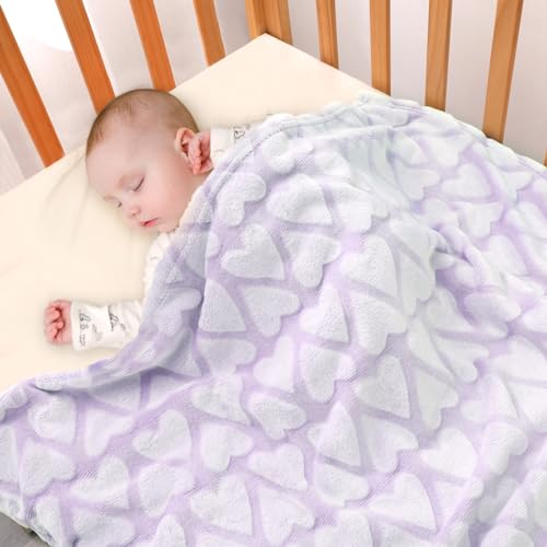 Bertte Plush Baby Blanket for Boys Girls | Swaddle Receiving Blankets Super Soft Warm Lightweight Breathable for Infant Toddler Crib Stroller - 33"x43" Large, Lavender Hearts Embossed