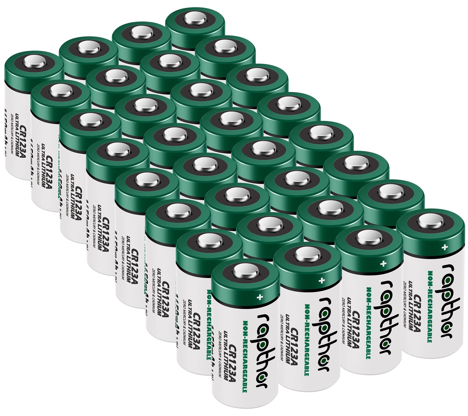 rapthor 1650mAh CR123A 3V Lithium Batteries 32 Pack CR123 High Power 123A CR17345 Photo Battery PTC Protected for Cameras Flashlight Alarm Smart Sensors (Non-Rechargeable, Not for Arlo)