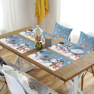 Christmas Snowman PVC Placemats Set of 4 for Dining Table, Washable Wipeable Vinyl Table Mats, Xmas Winter Snowflake Non-Slip Place Mats Indoor for Kitchen Table Party Kids