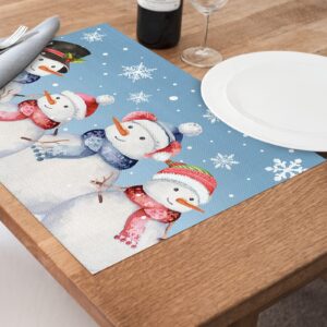 Christmas Snowman PVC Placemats Set of 4 for Dining Table, Washable Wipeable Vinyl Table Mats, Xmas Winter Snowflake Non-Slip Place Mats Indoor for Kitchen Table Party Kids