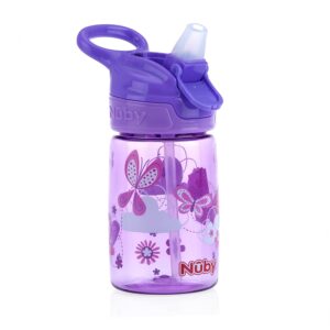 nuby kid’s flip-it reflex push button on-the-go printed water bottle with soft spout - 12oz / 360ml, 18+ months, 1pk purple