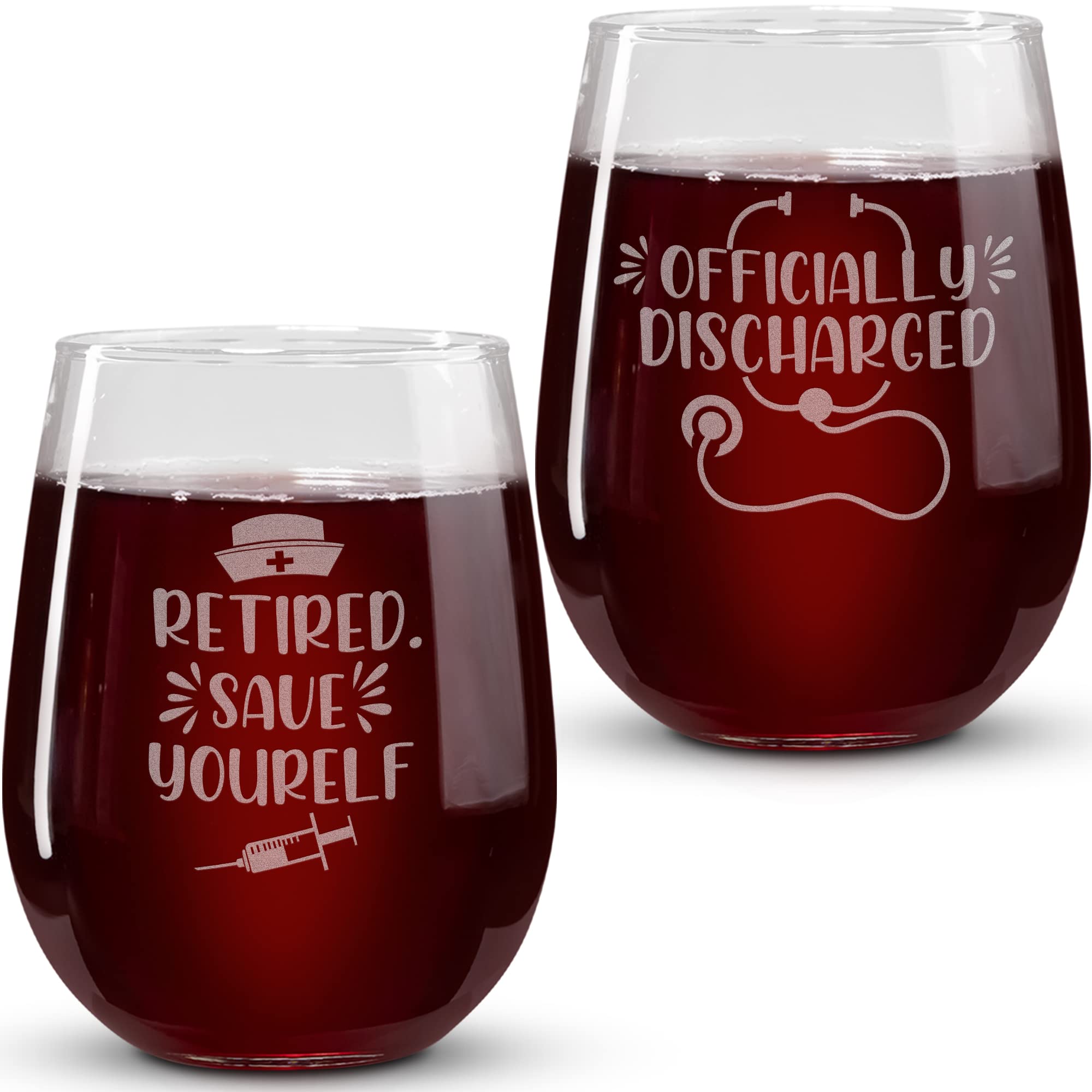 On The Rox Drinks Nurse Gifts for Women - 17 Oz Retired Nurse Stemless Wine Glass Set of 2 - Funny RN Gifts for Nurses - Retirement Gifts For Former Nurses - Nurse Gifts for Women and Men