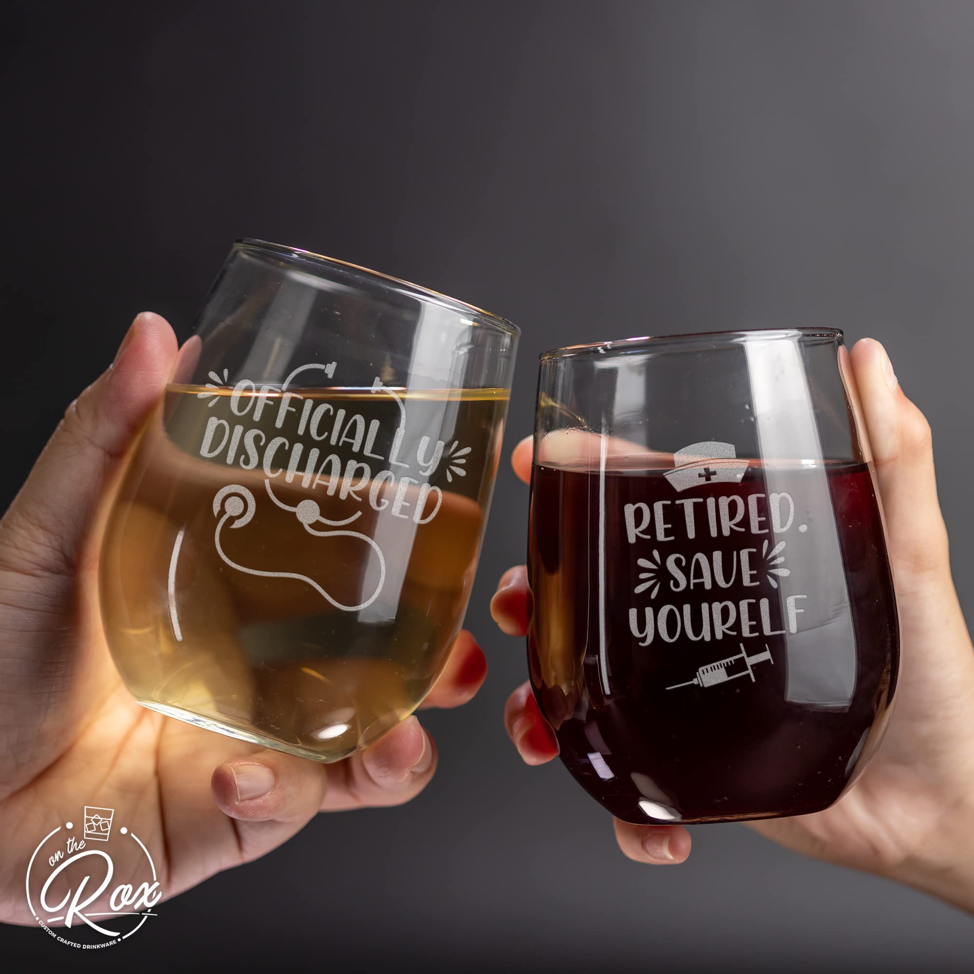 On The Rox Drinks Nurse Gifts for Women - 17 Oz Retired Nurse Stemless Wine Glass Set of 2 - Funny RN Gifts for Nurses - Retirement Gifts For Former Nurses - Nurse Gifts for Women and Men